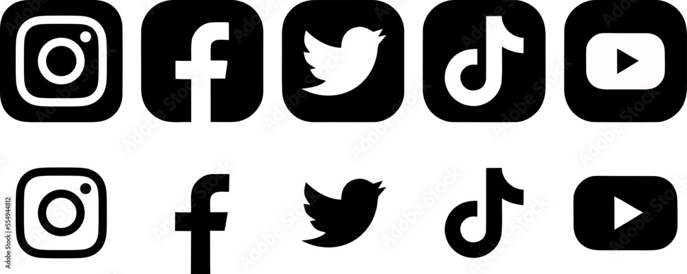 Vector de Stock Social media icons. Instagram, Facebook, Twitter, TikTok, YouTube black logo set ...