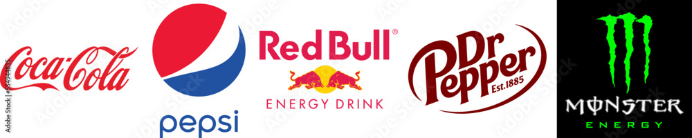 Coca Cola carbonated soft drink logo set. Pepsi, Monster Energy, Dr Pepper, Red Bull energy ...