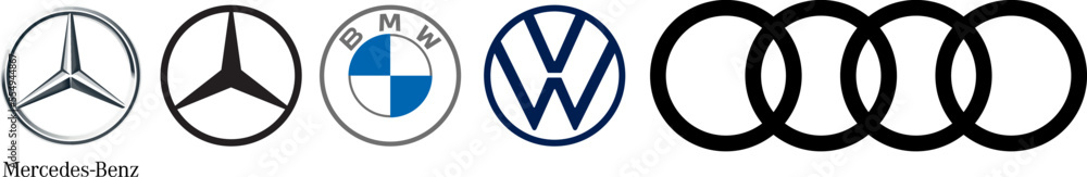 Mercedes car brand logo set. Mercedes-Benz AG, BMW, Audi, Volkswagen VW ...