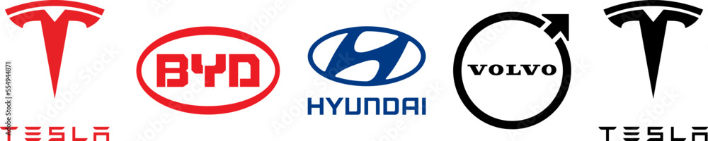Tesla electric vehicle logo set. BYD, Hyundai, Volvo car EV auto icons ...