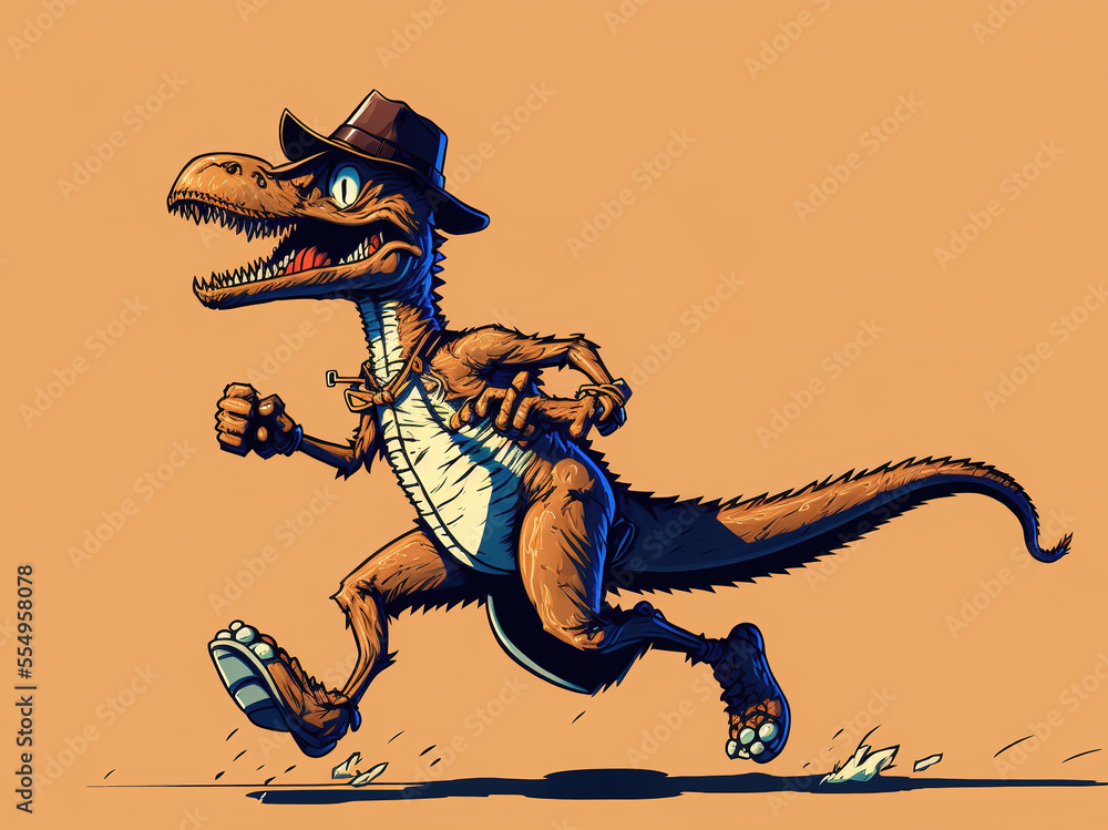 funny cute cartoon raptor is running to his date with a hat, generative ...