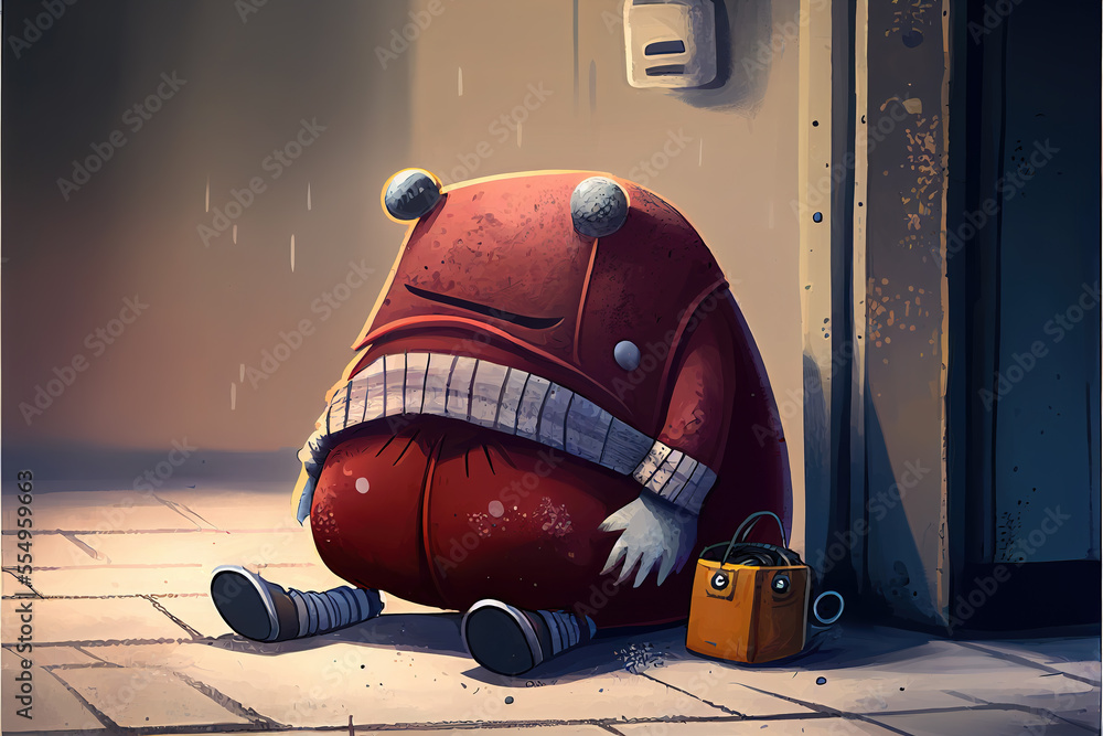 discarded homeless fat robot is sitting on the ground, no hope ...