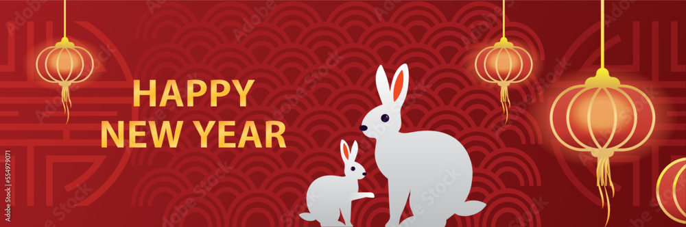 Vetor Cartoon rabbit family against the red background with traditional ...