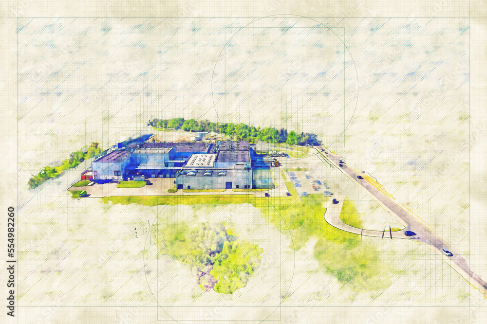 Sketch, project Large distribution warehouse with gates for loading ...