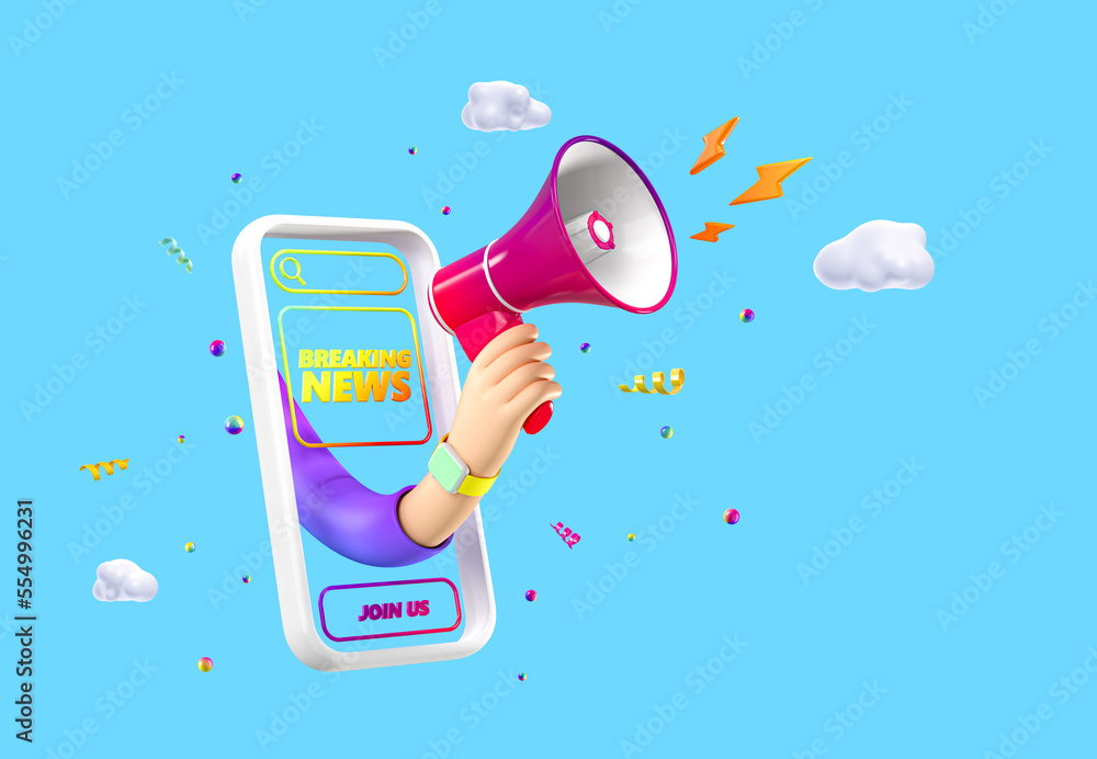 News information alert from hand with мan megaphone or loudspeaker on a ...