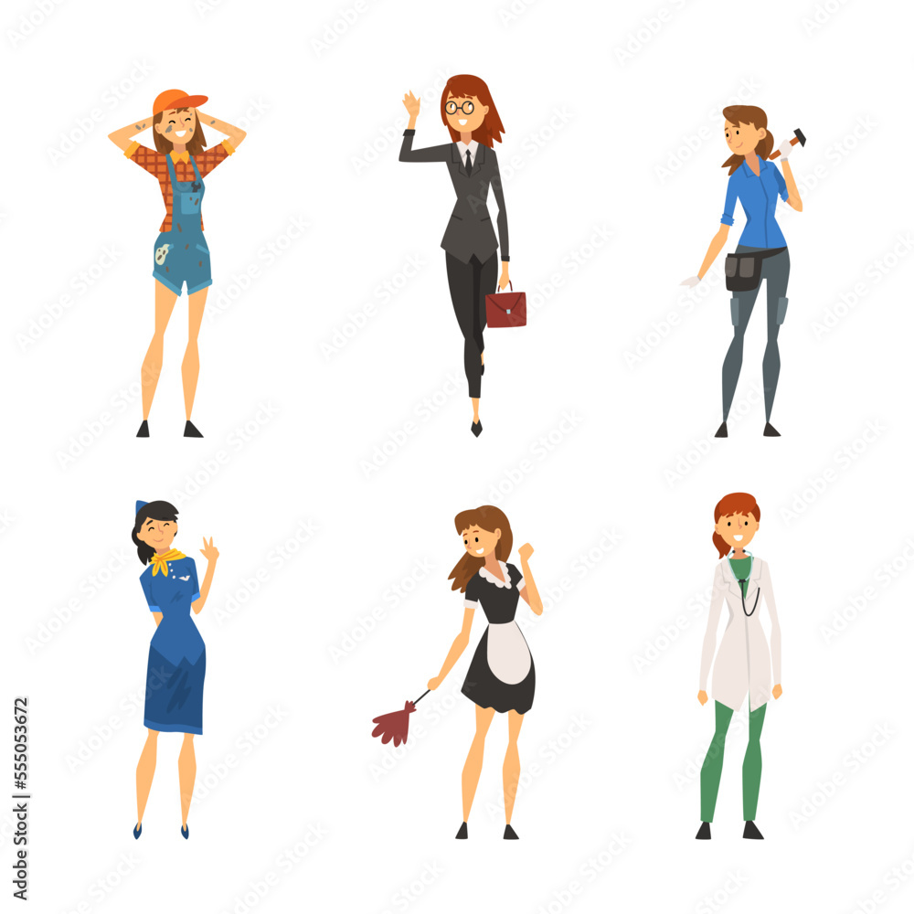 Set of women of different professions. Construction worker, business ...