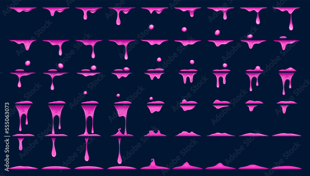Purple slime animation, animated sprite of pink dripping goo. Cartoon ...