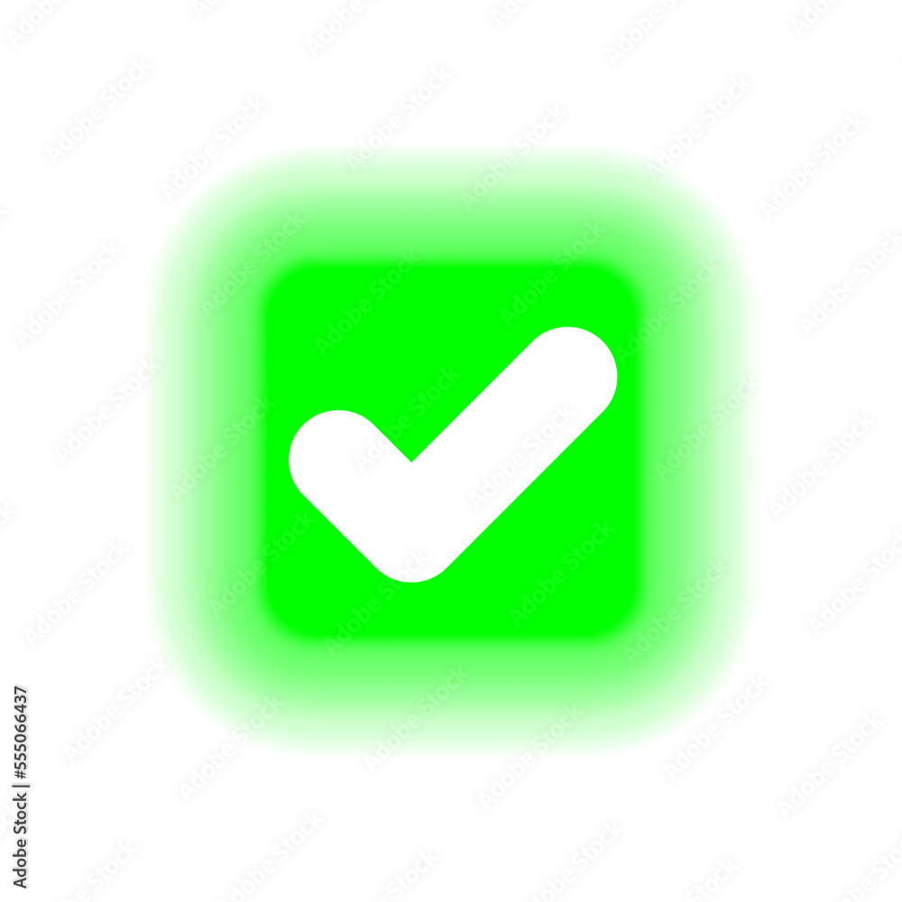 Green tick with backlight. Checkmark lamp, icon in a square ...