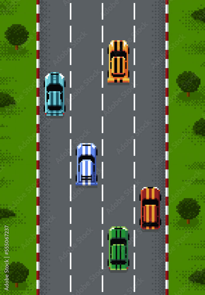 Pixel race game top view. Motorsport competition road, racetrack ...