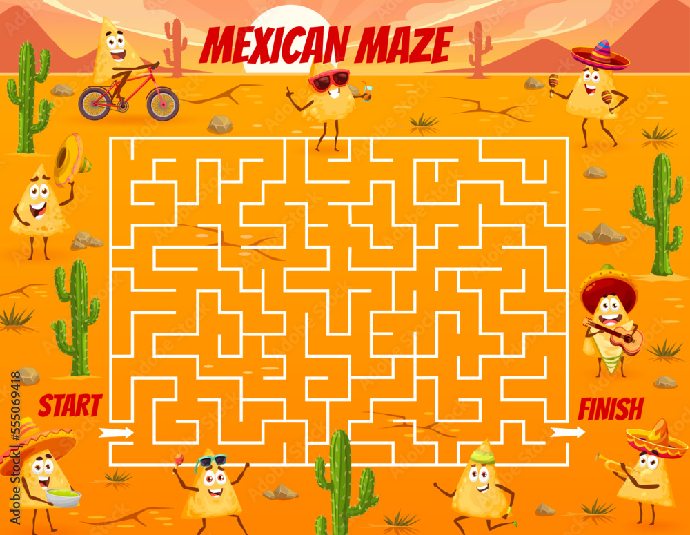 Labyrinth maze game. Mexican nacho chips characters. Kids puzzle vector ...