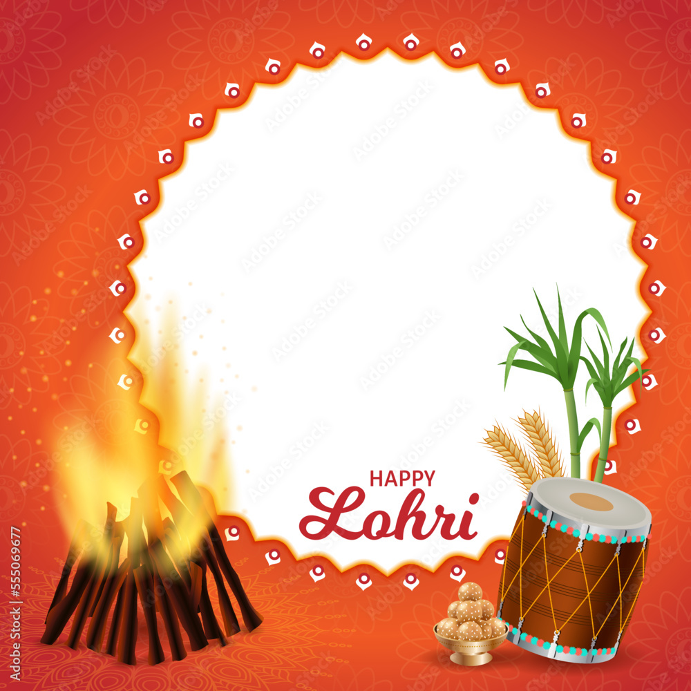 Traditional Happy Lohri square background design. Dhol, Bamboo, harvest ...