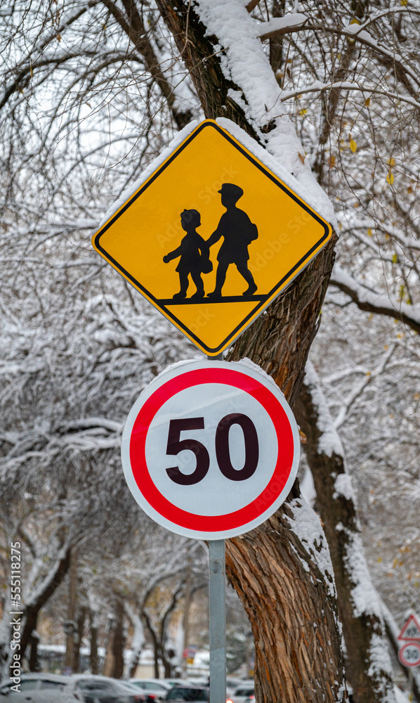 Road signs in winter. Warning signs. Road sign caution children. Signs ...