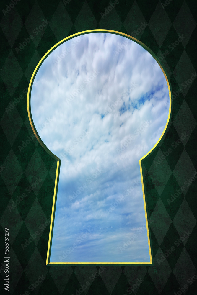 Golden keyhole frame with blue sky on green checkered background Stock ...