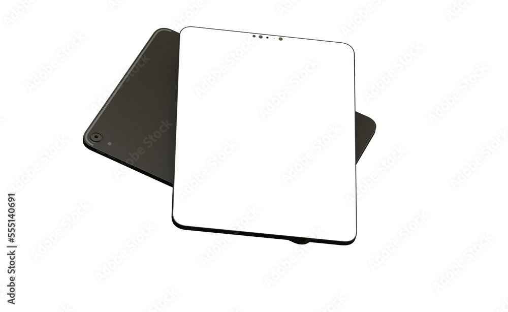 Blank screen realistic tablet frame, rotated position, side view, top view. The tablet is at ...