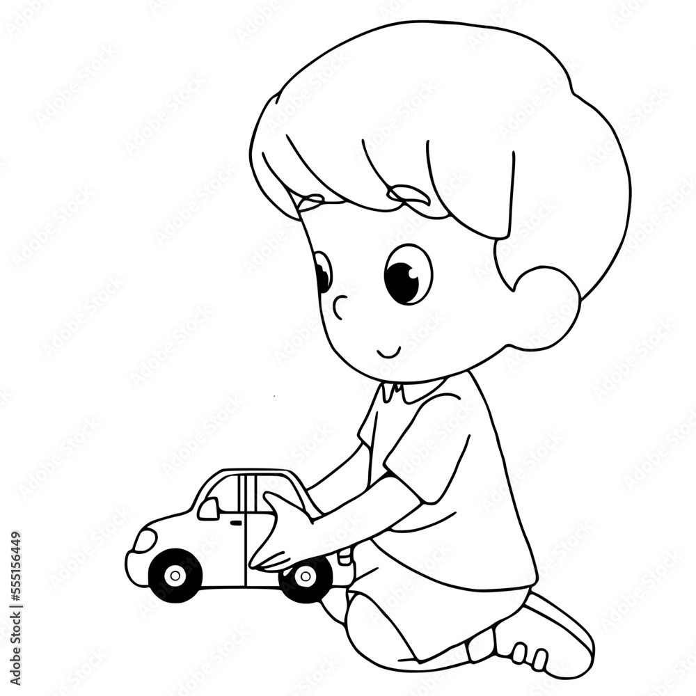 Boy playing toy car coloring pages vector illustration isolated on ...