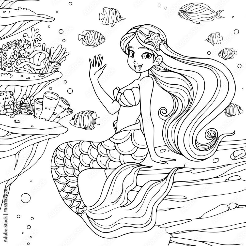 The little mermaid. Fairy tale. Coloring page. Vector Illustration for ...