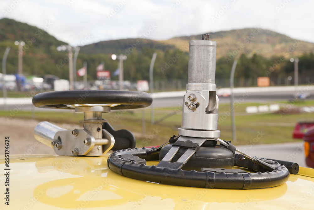 Practice wheel for hand controlled simulator on the top of a stock car ...