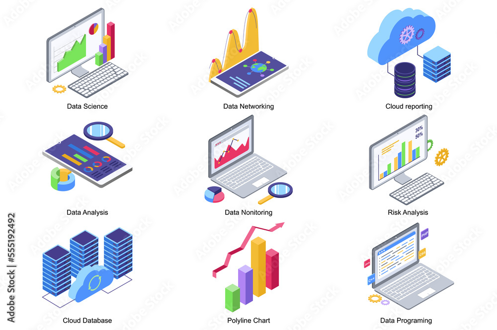 Data science concept 3d isometric icons set. Pack elements of networking, cloud reporting, risk ...