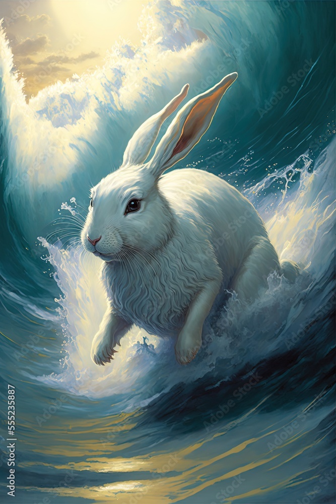 White rabbit swimming, water rabbit, rabbit year illustration, year ...