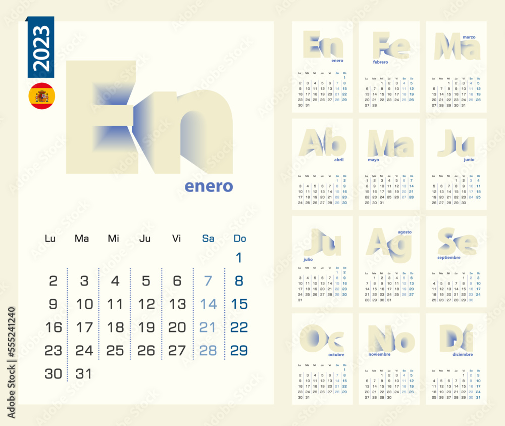 Calendar 2023 template in Spanish language, minimalist calendar set for ...