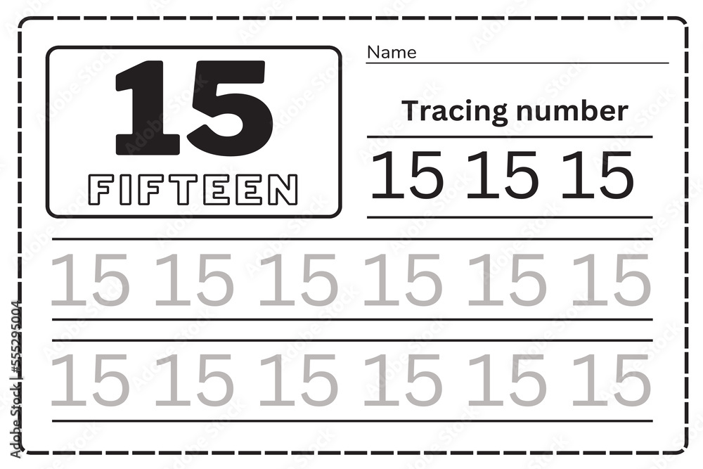 Number fifteen tracing practice worksheet for kids learning to count ...