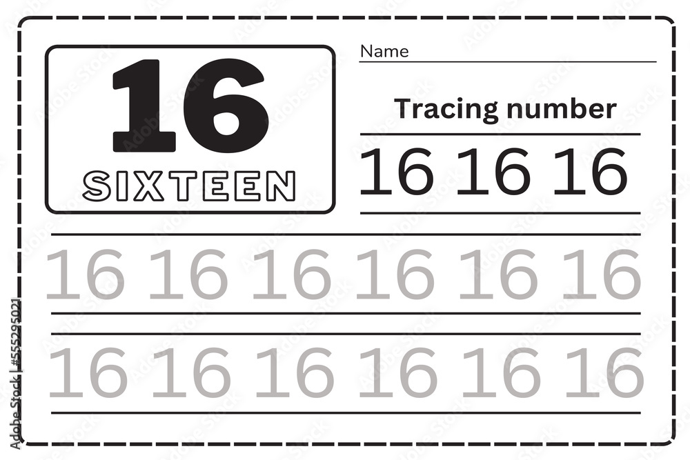 Number sixteen tracing practice worksheet for kids learning to count ...