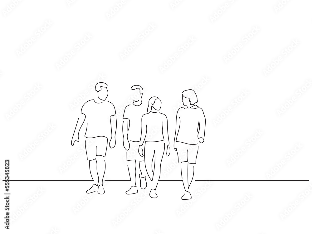 Group of people walking in line art drawing style. Composition of ...