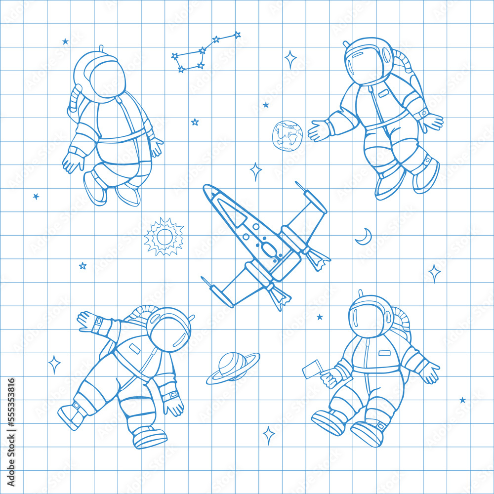 Cartoon astronauts hand drawn on a school notebook sheet. Children's ...