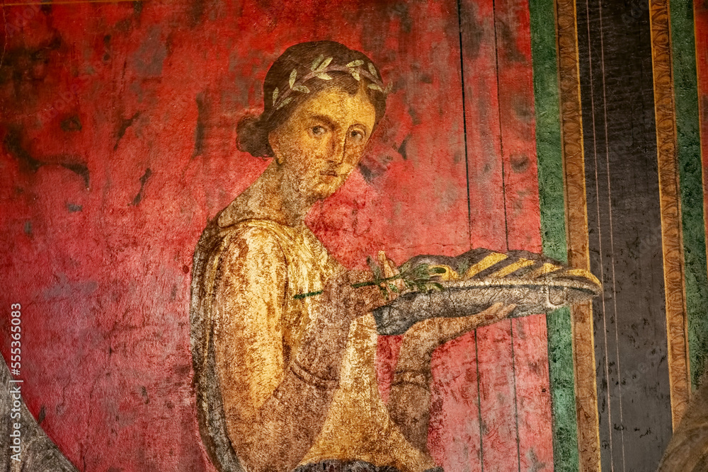 Ancient Roman fresco in Pompeii showing a detail of the mystery cult of Dionysus. Pompeii ...