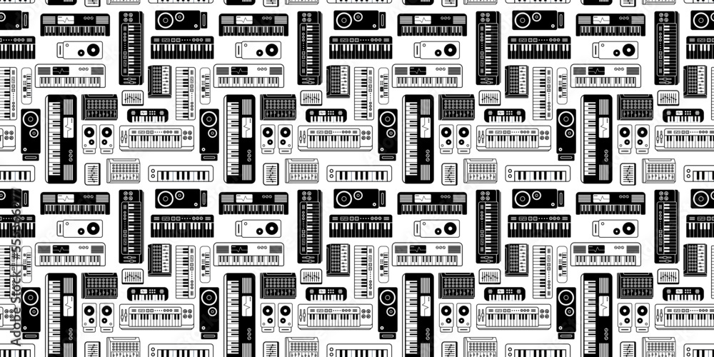 Vector music illustration with synthesizer, speaker and mixer on white ...