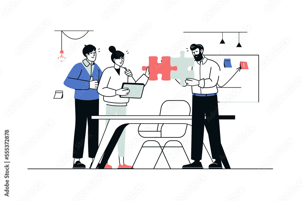 Teamwork concept in flat line design. Men and woman solve problems ...