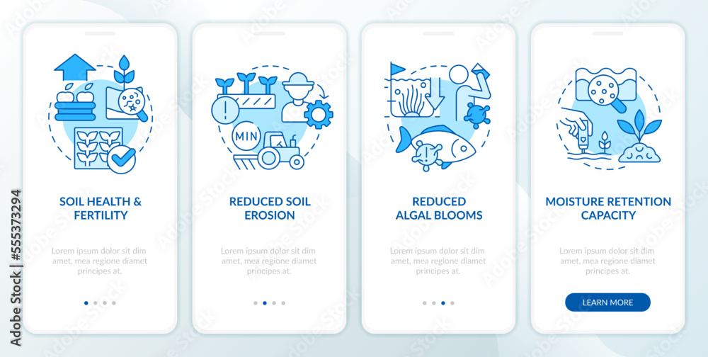 Ecological benefits blue onboarding mobile app screen. Farming ...