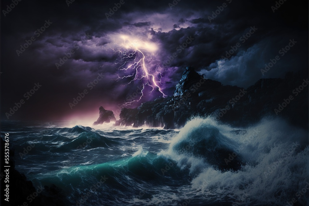 Night sea dramatic landscape with a storm. Night storm on the ocean ...