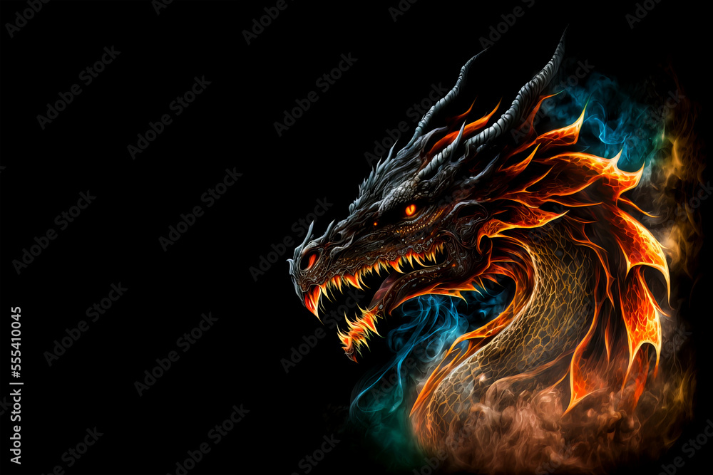 Fire dragon head on a black background. Generative AI Illistration of ...