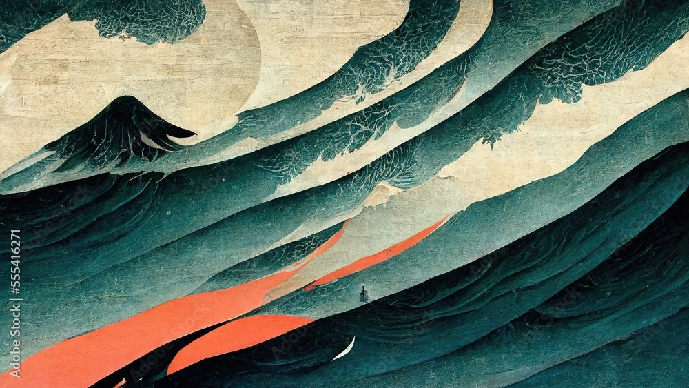 Blue, raging waves, Japanese paper texture Katsushika Hokusai style ...