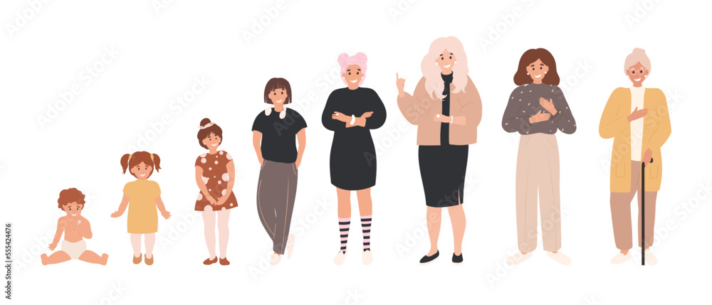 Stock-Vektorgrafik „Human life cycles, female growing up and aging ...