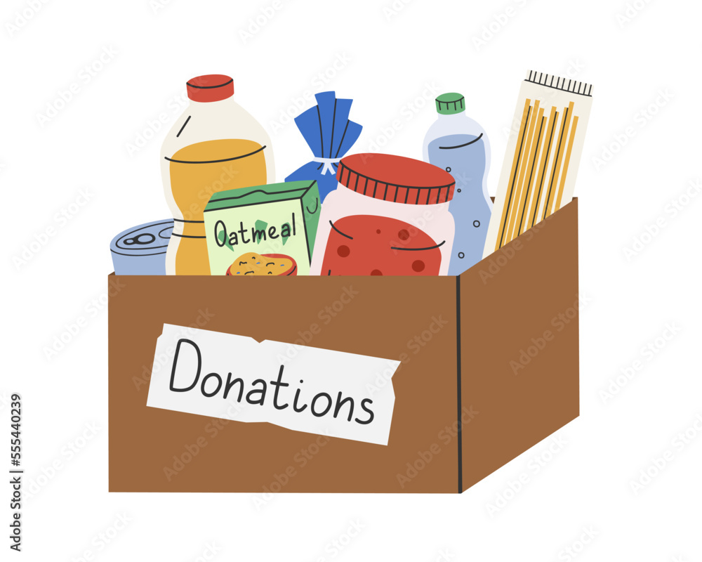 Hand drawn cute illustration of food donation box. Flat vector giving ...