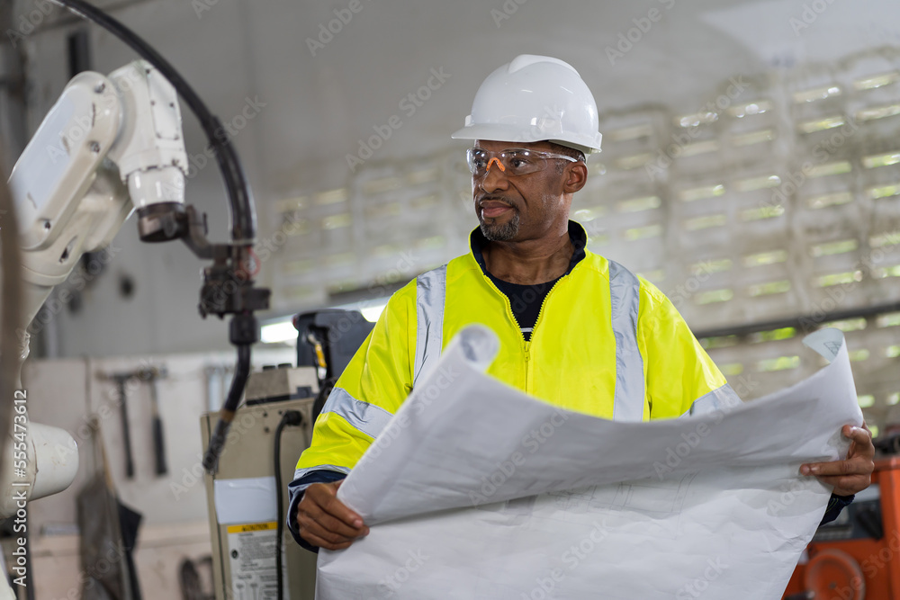African American male engineer worker holding blueprint structure for ...