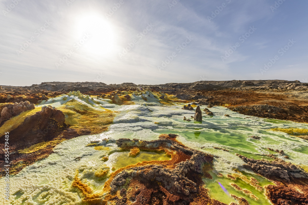 Acidic pools, mineral formations, salt deposits in the crater of Dallol ...