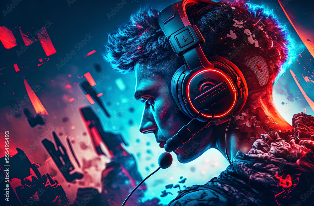 Scene of professional eSports gamer in profile colored with red and ...
