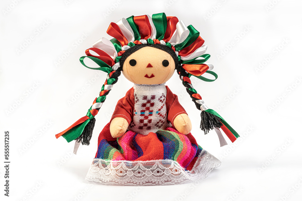 Colorful traditional Mexican rag handmade doll isolated in white. Doll ...