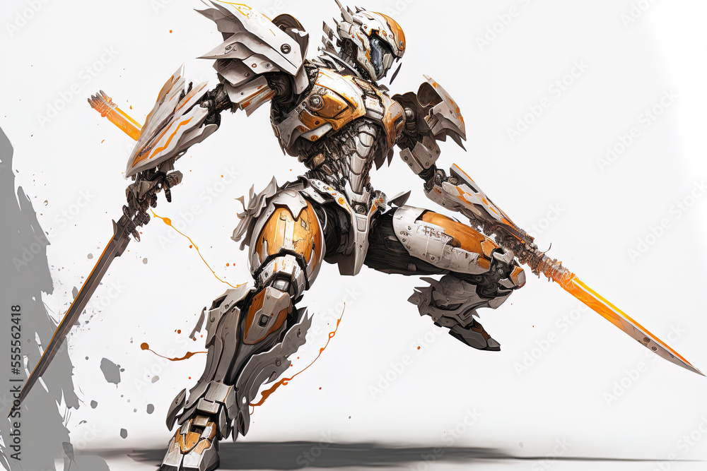 sci fi mech warrior leaping and using a katana blade to strike. Outstretched hand holds a sword ...