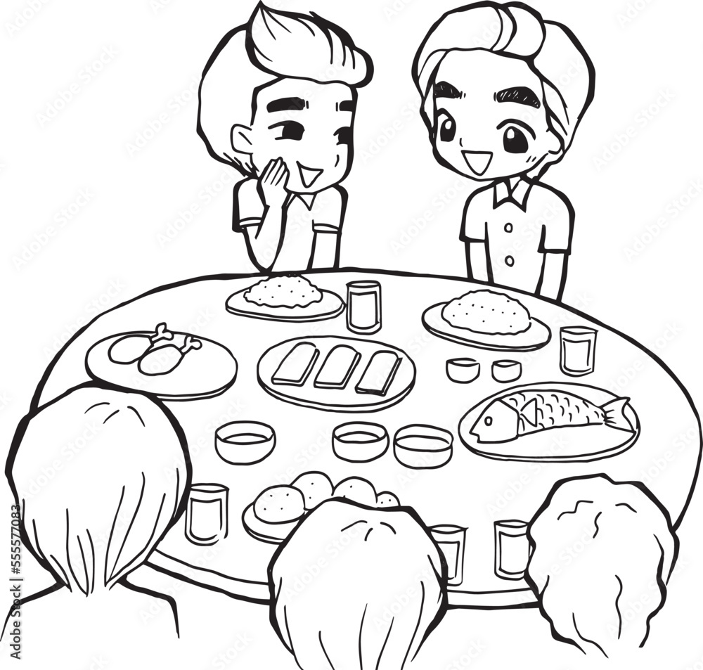 group of friends eating cartoon doodle kawaii anime coloring page cute ...