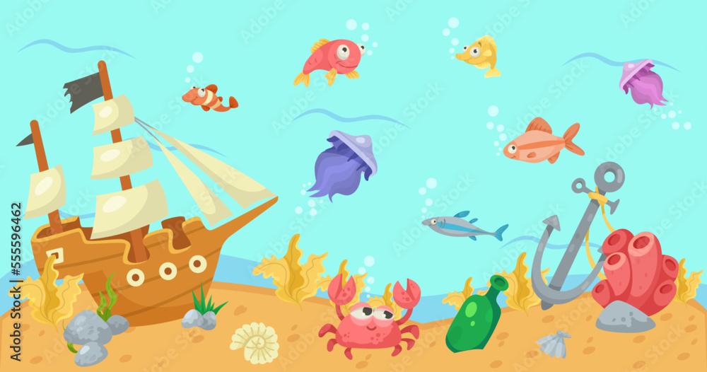 Sea animals and sunken ship underwater vector illustration. Cartoon ...