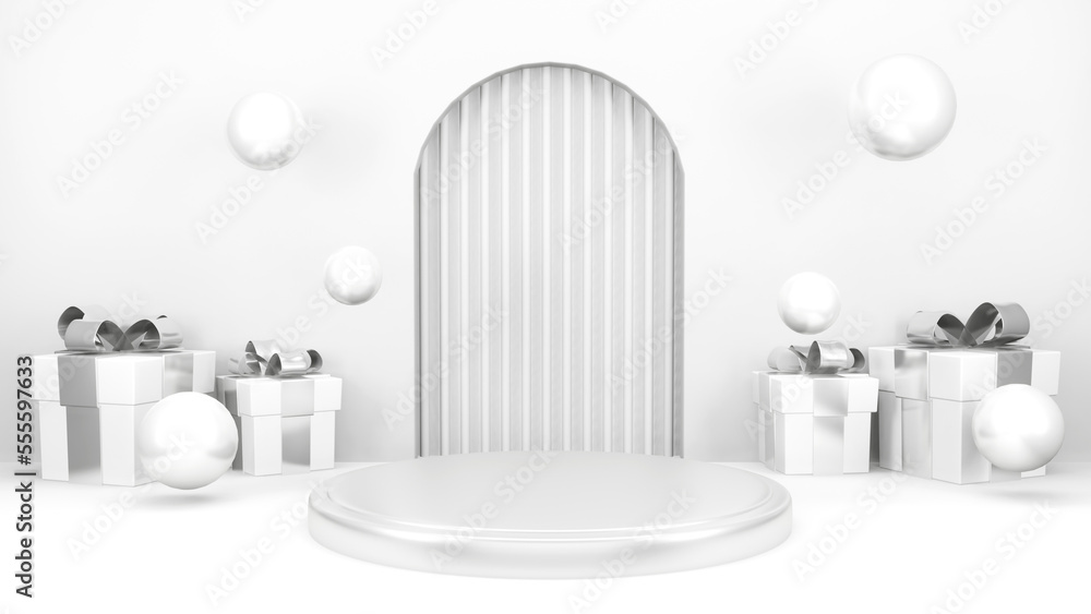 Empty stage with podium and Christmas decorations. Minimal mockup xmas ...