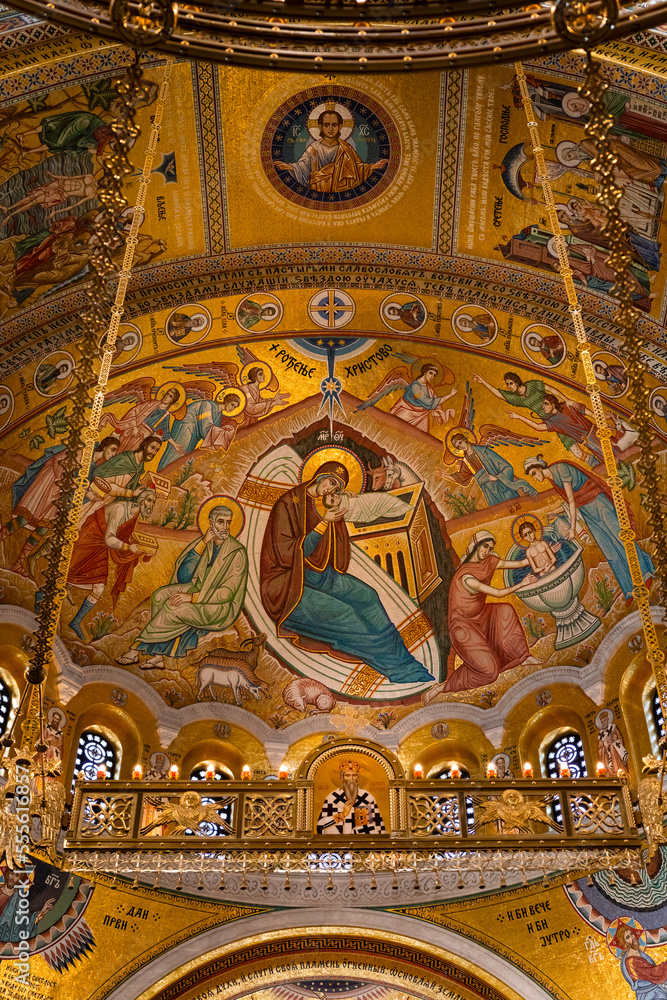 Belgrade, Serbia - December 20, 2022: Icons in mosaic depicting birth ...