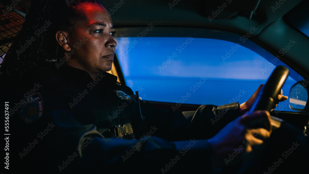 Inside Police Traffic Patrol Squad Car: Black Female Police Officer on ...
