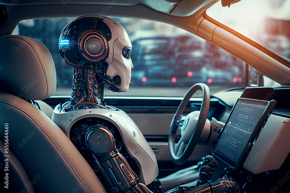 Robot steering an autonomous self driving car also known as driver-less or robo car, showing ...