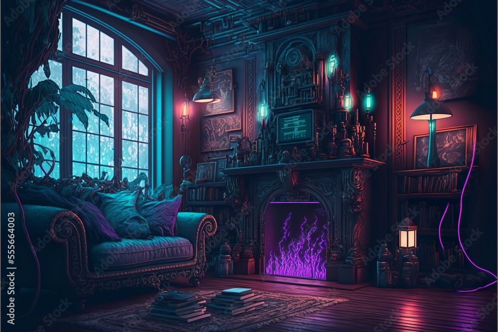 Gothic mansion victorian living room interior with fireplace with ...