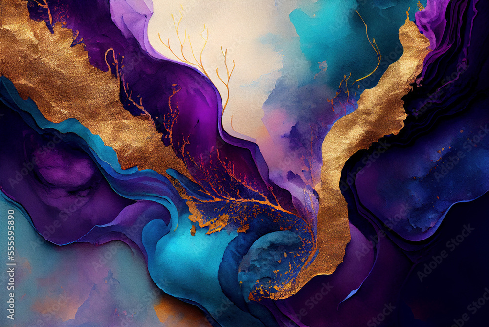 Abstract blue purple and metallic gold marble watercolor background ...